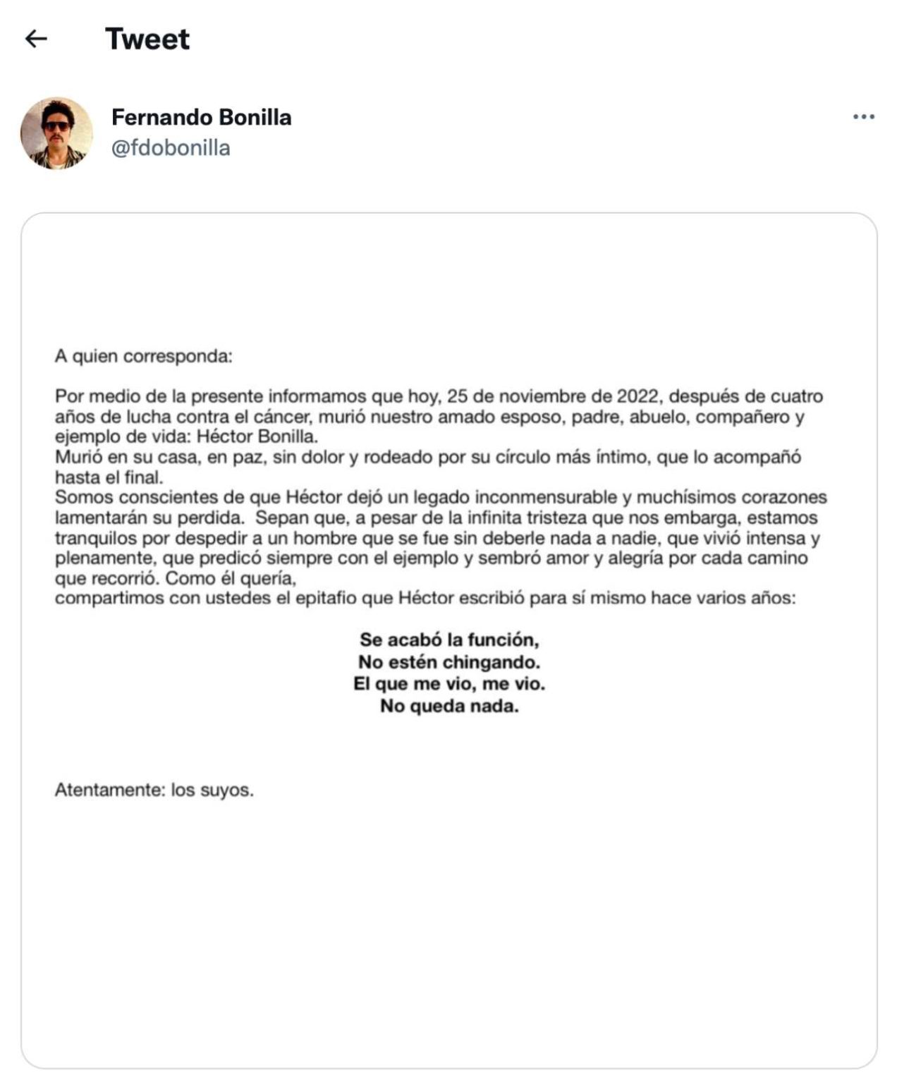 Muere Héctor Bonilla a los 83 años de edad